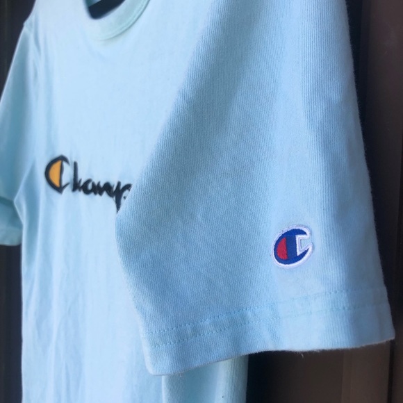 Champion | Shirts | Champion Light Blue Turquoise Logo Tee L | Poshmark